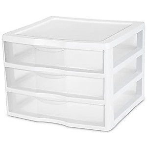 Sterilite Clear Plastic Stackable Small 3 Drawer Storage System for Home Office, Dorm Room, or Bathrooms, White Frame, (6 Pack)