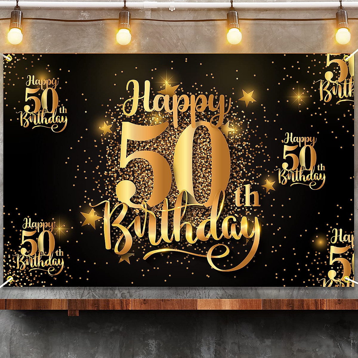 Mnixy Happy 50th Birthday Backdrop Banner Step and Repeat 50 Years Old Background Decorations for Women Men Her Him Photography Party Supplies Glitter Black Gold (1)