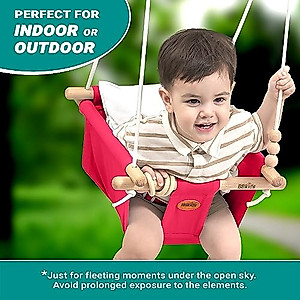 BBkids Indoor Baby Swing, Canvas Baby Swing, Wooden Hammock Hanging Swing Seat Chair with Safety Belt, Outdoor Kids Toddler Baby Tree Swing, Full Set of Ceiling Screws. (Cream)