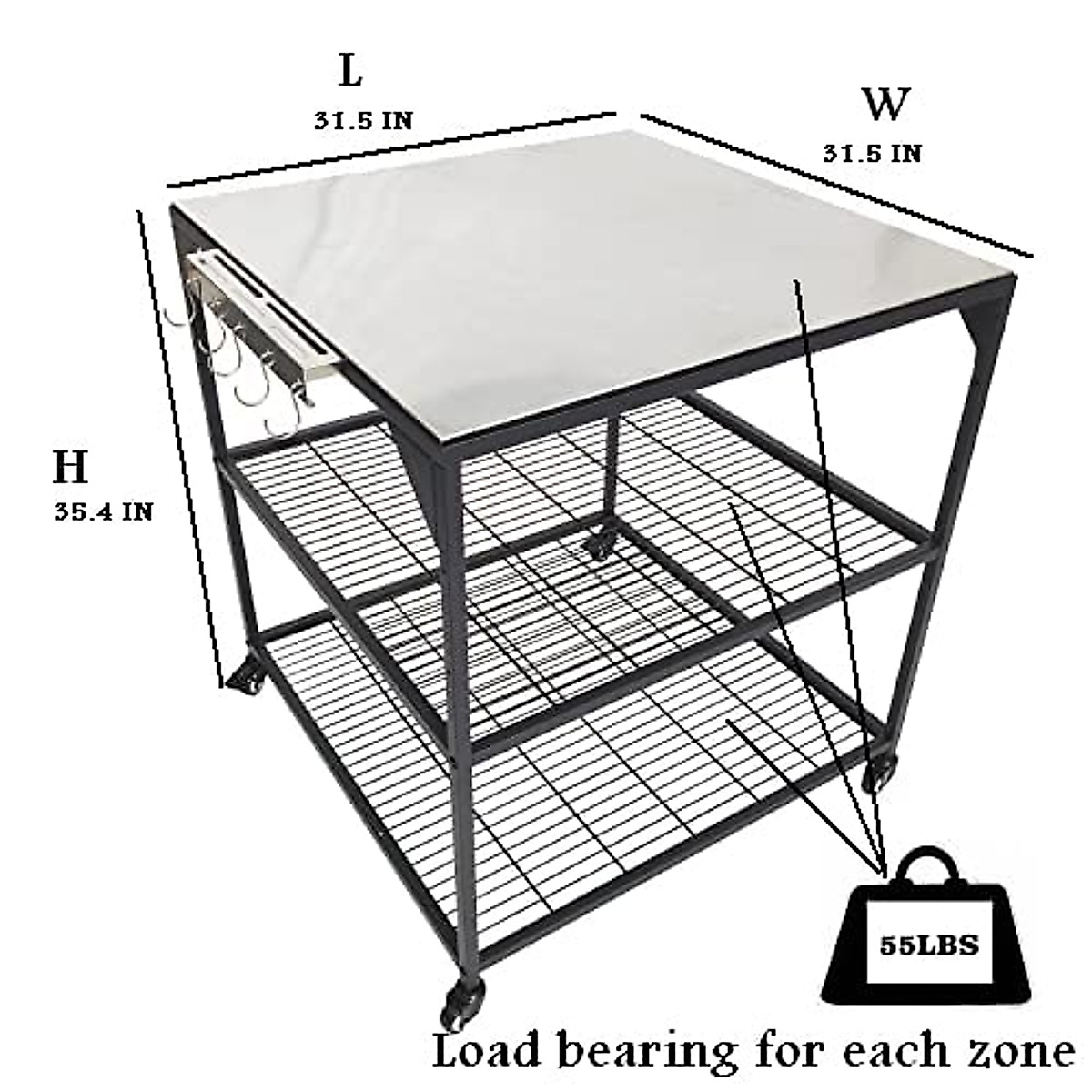 HWGckct Three-Shelf Movable Stainless Steel & Steel Outdoor Dining Cart Table Pizza Oven Protable Grill and Heavy Duty Grill Cart Outdoor Table