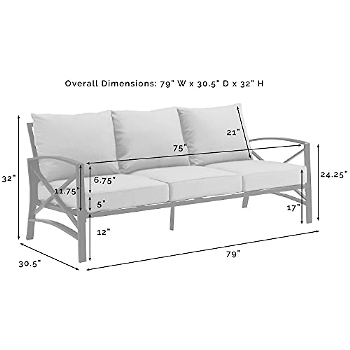Crosley Furniture Kaplan Outdoor Sofa with Steel Frame, 3-Person Patio Couch for Porch, Deck, Backyard, White with Navy Cushions
