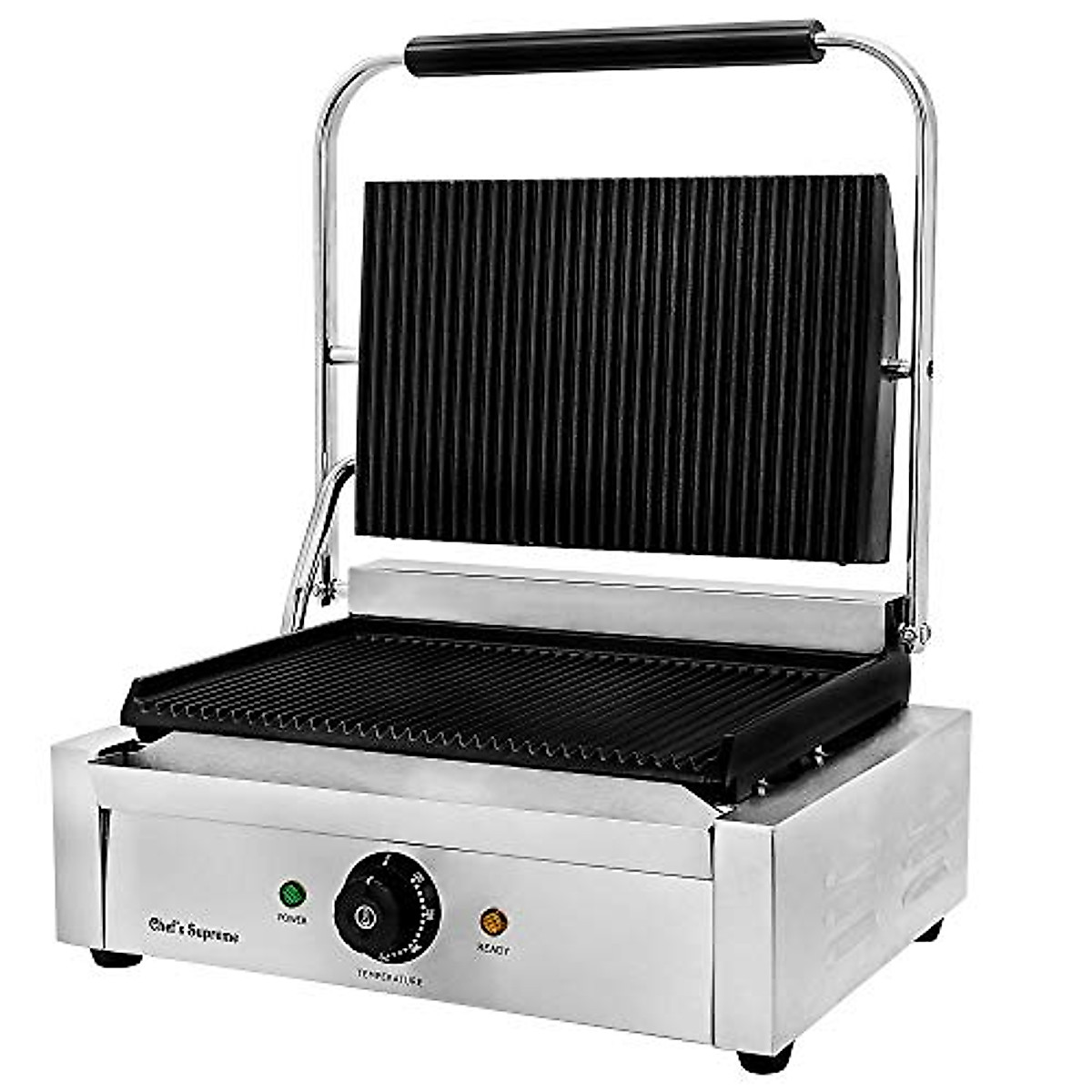 Chef's Supreme Commercial Panini Grill, 14" x 9" Non Stick Grooved Plates, 120V 2200W, 120F - 570F Heat Control, Perfect for Sandwiches, Burgers, Steaks and More