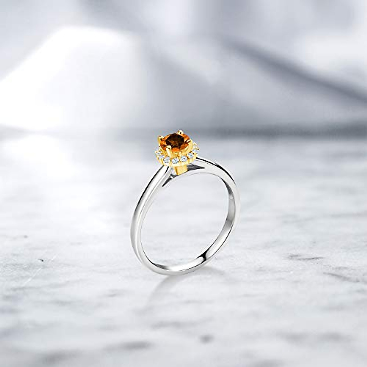 Gem Stone King 925 Silver Ring with 10K Yellow Gold Prongs White Created Sapphire and Set with Poppy Topaz (Size 7)