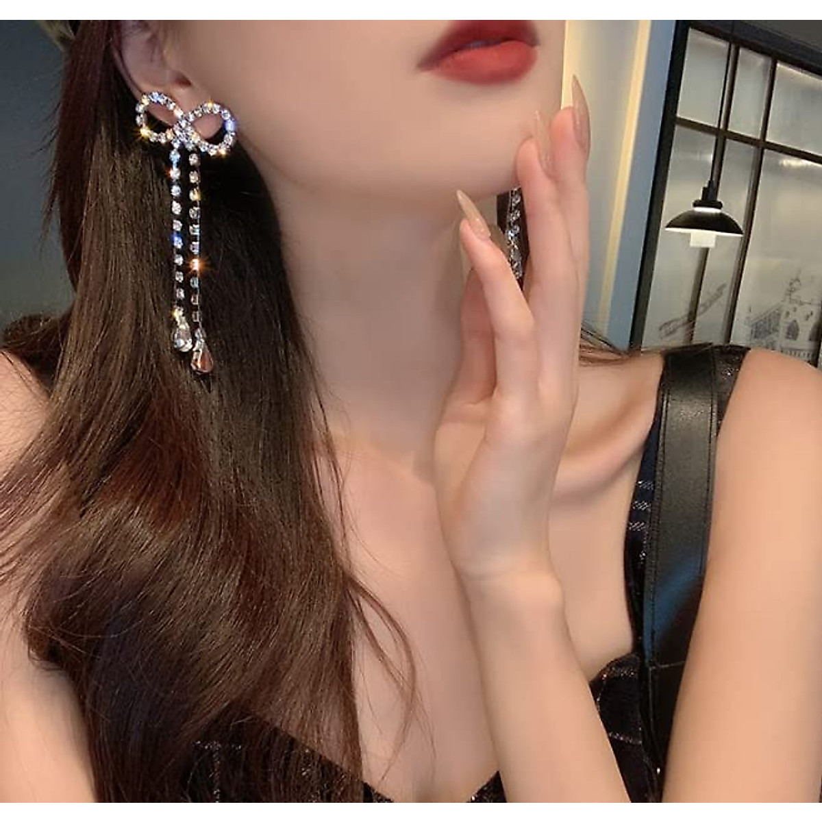 LAKIYOYO Rhinestones Bow Drop Earrings for Women Crystal Silver Bowknot Tassels Statement Earrings Lightweight Shiny Bar Earrings Set Jewelry