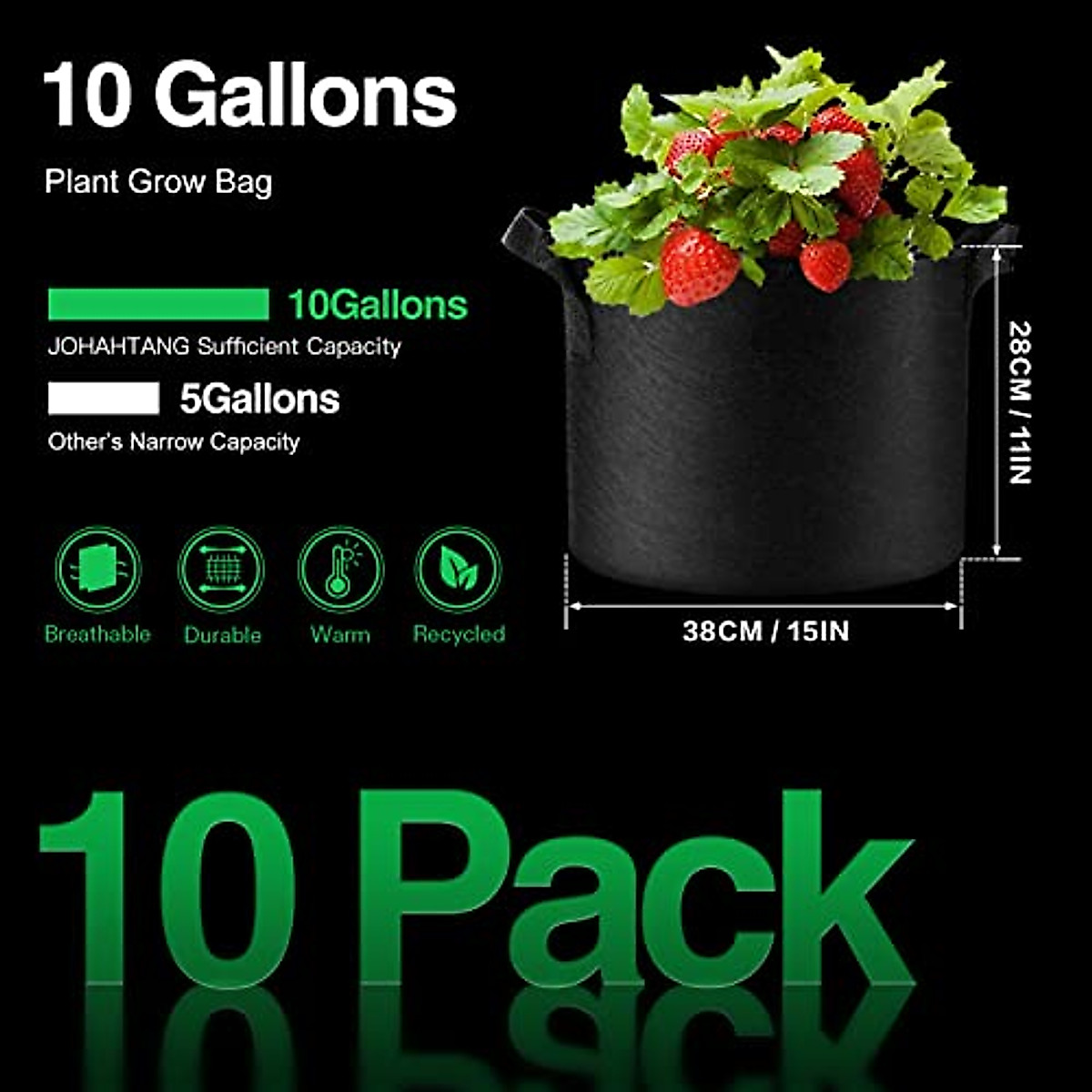 JOHAHTANG 10 Gallon Plant Grow Bags Aeration Fabric Pots with Handles 10 Pack Nonwoven Grow Pots for Garden and Planting, Black