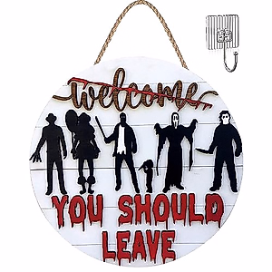 Scary Front Door Welcome Sign 3D Halloween Horror Movie Characters Welcome Sign Horror Welcome Sign for Front Door for Rustic Farmhouse Home Decorations Sign Window Wall Hanging Decor