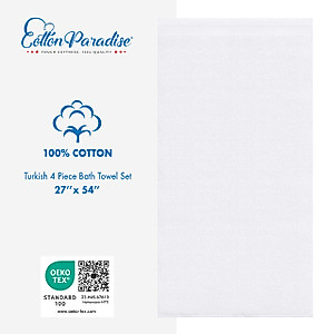 Cotton Paradise Bath Towels for Bathroom, 100% Cotton 4 Piece Turkish Bath Towel Set, Soft Plush Bath Towels Clearance Bathroom Set, White Bath Towels
