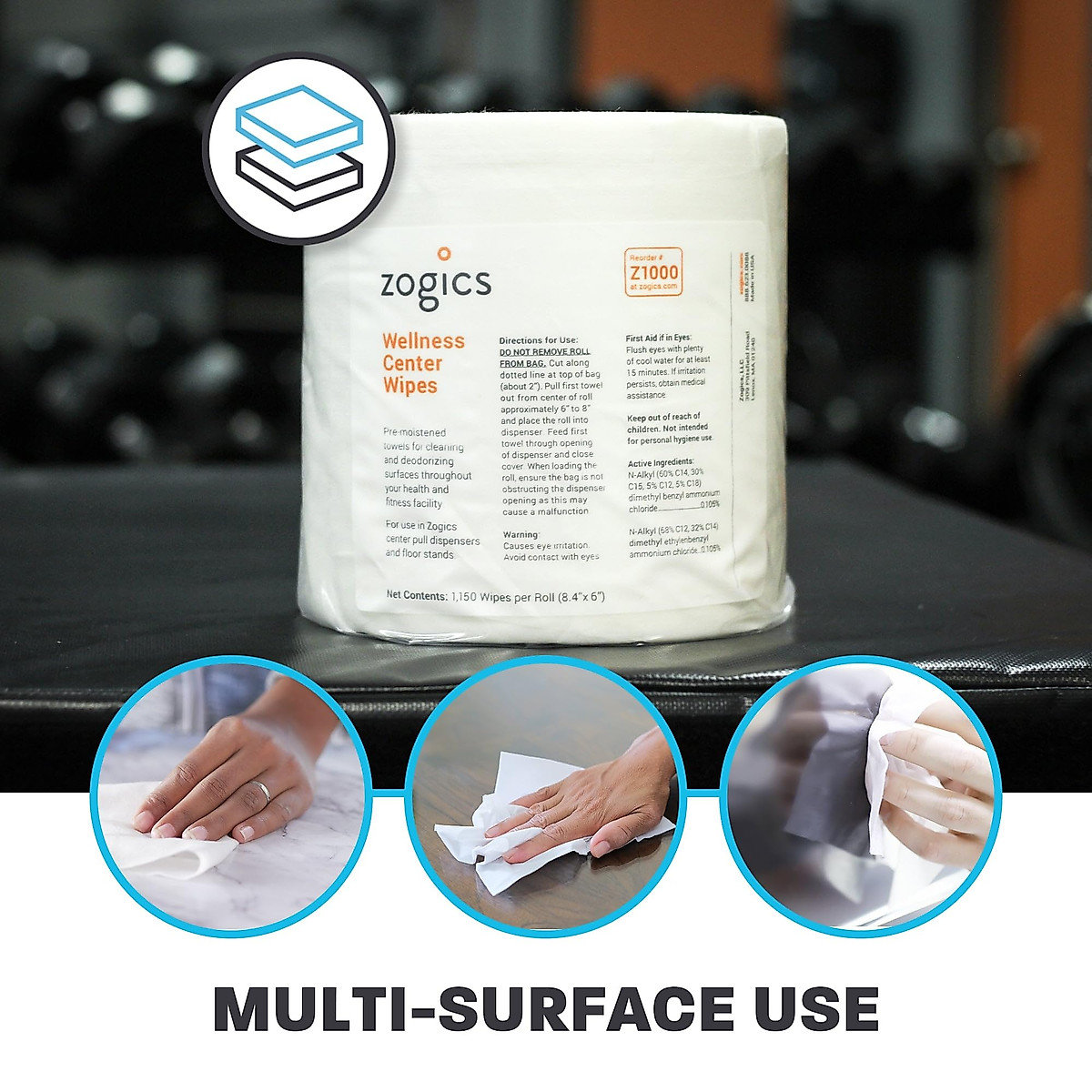 Zogics Wellness Center Cleaning Wipes – Gym Wipes for Cleaning Surfaces and Equipment, Durable and Safe Pre-Saturated Wet Wipes (4,600 Count, 4 Rolls of 1150 Wipes)