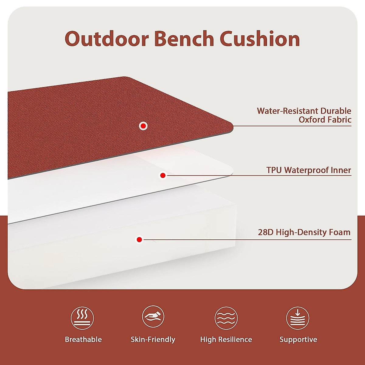 Favoyard Outdoor Bench Cushion 48 x 18 Inch Waterproof Patio Furniture Cushions 3-Year Color Fastness Garden Sofa Settee Couch Swing Pads with Handle and Adjustable Straps, Spice