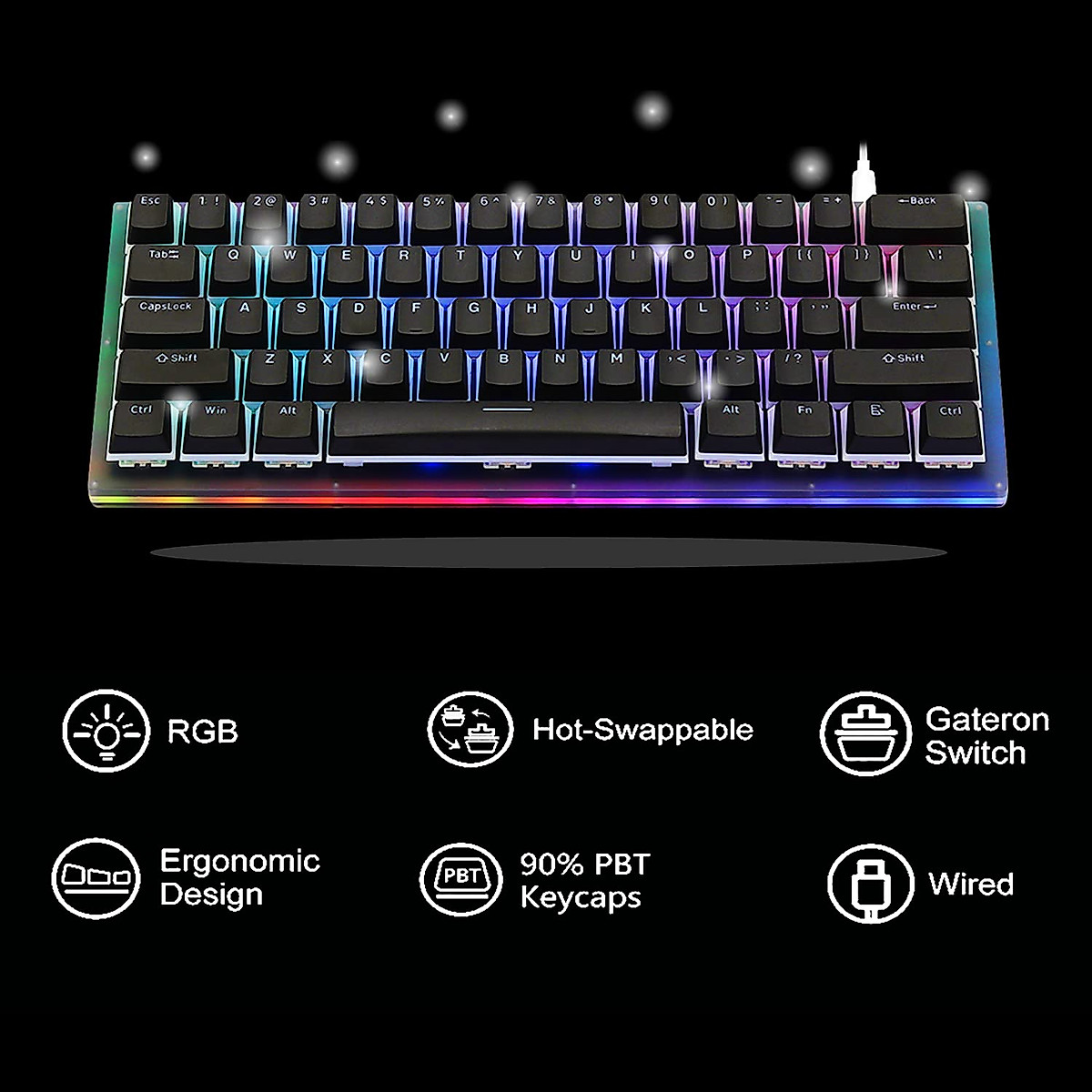 XVX Womier K61 60% Mechanical Keyboard with PBT Pudding keycap, Hot Swappable Keyboard, Partitioned RGB Keyboard, Dark Phoenix for PC PS4 Xbox (Black, 61 Keys, Silver Switch)