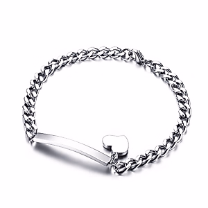 VNOX Custom Engraved Personalized ID Tag Stainless Steel Bar Bracelet with Heart Charm for Women,8.0"