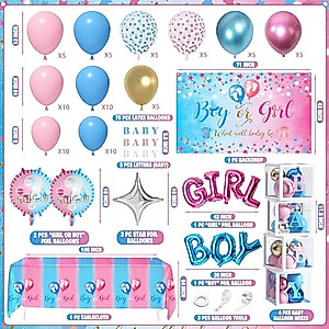 92Pcs Gender Reveal Decorations and Baby Box with Letters Set Boy or Girl Gender Reveal Party Supplies Party Ideas Tablecloth Backdrop Pink and Blue Balloons Baby Boxes with Letters Decorations Kit