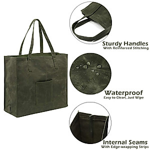 Kaaltisy Waxed Canvas Grocery Bag Eco-friendly Reusable Shopping Bag with Pocket Stylish Market Tote Bag Waterproof Waxed Canvas Beach Bag, Wide, Soft Handfeel