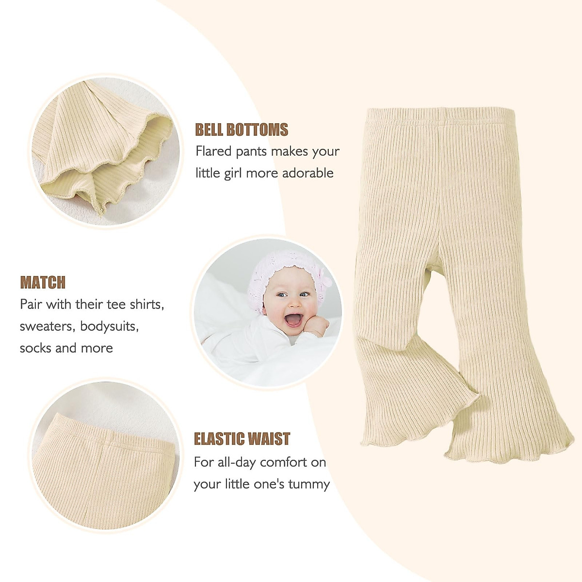 SOBOWO Toddler Flare Pants Baby Girl Flare Pants 3 Pack Solid Ribbed Ruffle Bell Bottoms Leggings Fall Outfits(Black/Beige/Brown, 18-24 Months)