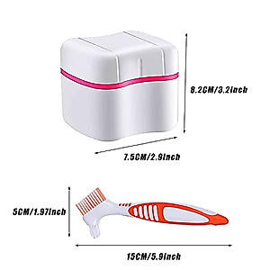 Denture Cleaner Box and Brush Set - 2 Pack Denture Bath Case with Basket + 2 Pack Denture Brush, Portable Denture Retainer Storage Box, False Teeth Brushes for Oral Care (Blue and Red)