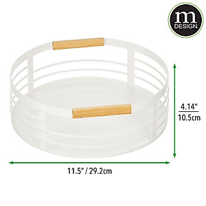 mDesign Modern Metal Lazy Susan Turntable Tray - Rotating Storage Spinner Organizer w/Bamboo Handles for Kitchen, Pantry, Cabinet, Table, Fridge, 11.5 Inch Round - White/Natural