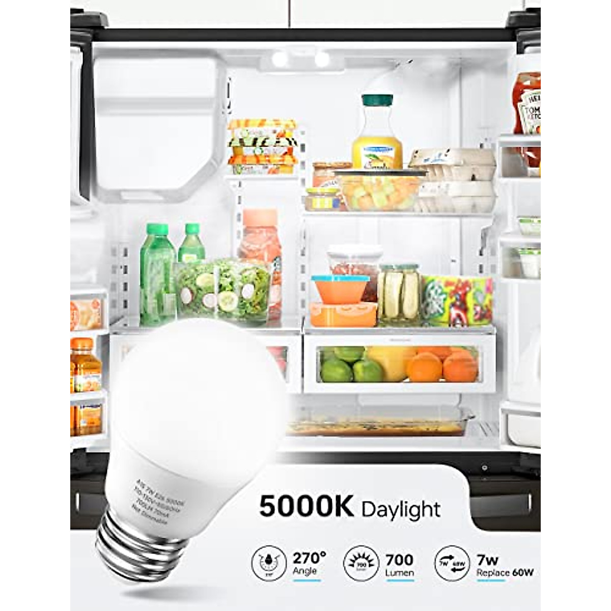 KINDEEP A15 Refrigerator LED Bulbs 60 Watt Equivalent, 7W Light Bulb Daylight White 5000K, 700LM for Appliance Fridge Light Bulb, Ceiling Fan, Waterproof, Non-Dim, E26 Base, 2 Pack