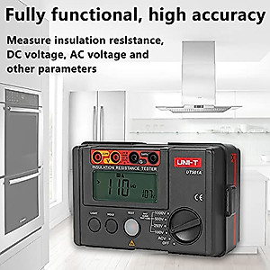 Insulation Resistance Tester, Ohm Meter, 100V/250V/500V/1000V Voltmeter 0 to 5G ohm Meter Megohmmeter, Ground Resistance Tester 2000 Counts LCD Display with Backlight (UT501A)