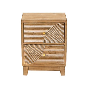 COZAYH 2-Drawer Farmhouse Nightstand, Mid Century Nightstand Fully Assembled with Handcrafted Wood Ring Pattern for Boho, Mid-Century, Rustic Style, Natural Wood