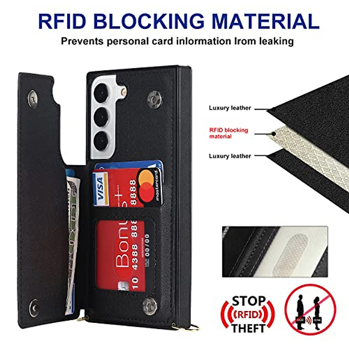 DEFBSC Compatible with Samsung Galaxy S21 FE Case, Crossbody Wallet Case, Adjustable Detachable Lanyard Neck Strap with Kickstand Leather Card Holder Protective Cover-Black