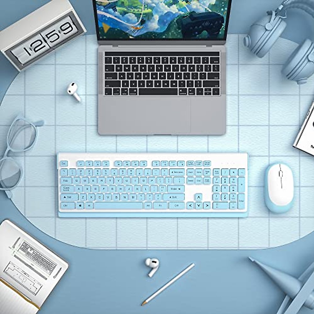 Wireless Keyboard Mouse Combo, MageGee V650 Quiet Full Size 2.4G Ultra-Thin Wireless Keyboard and Mouse Set with Number Pad for Windows, Desktop, Laptop, PC, White Blue