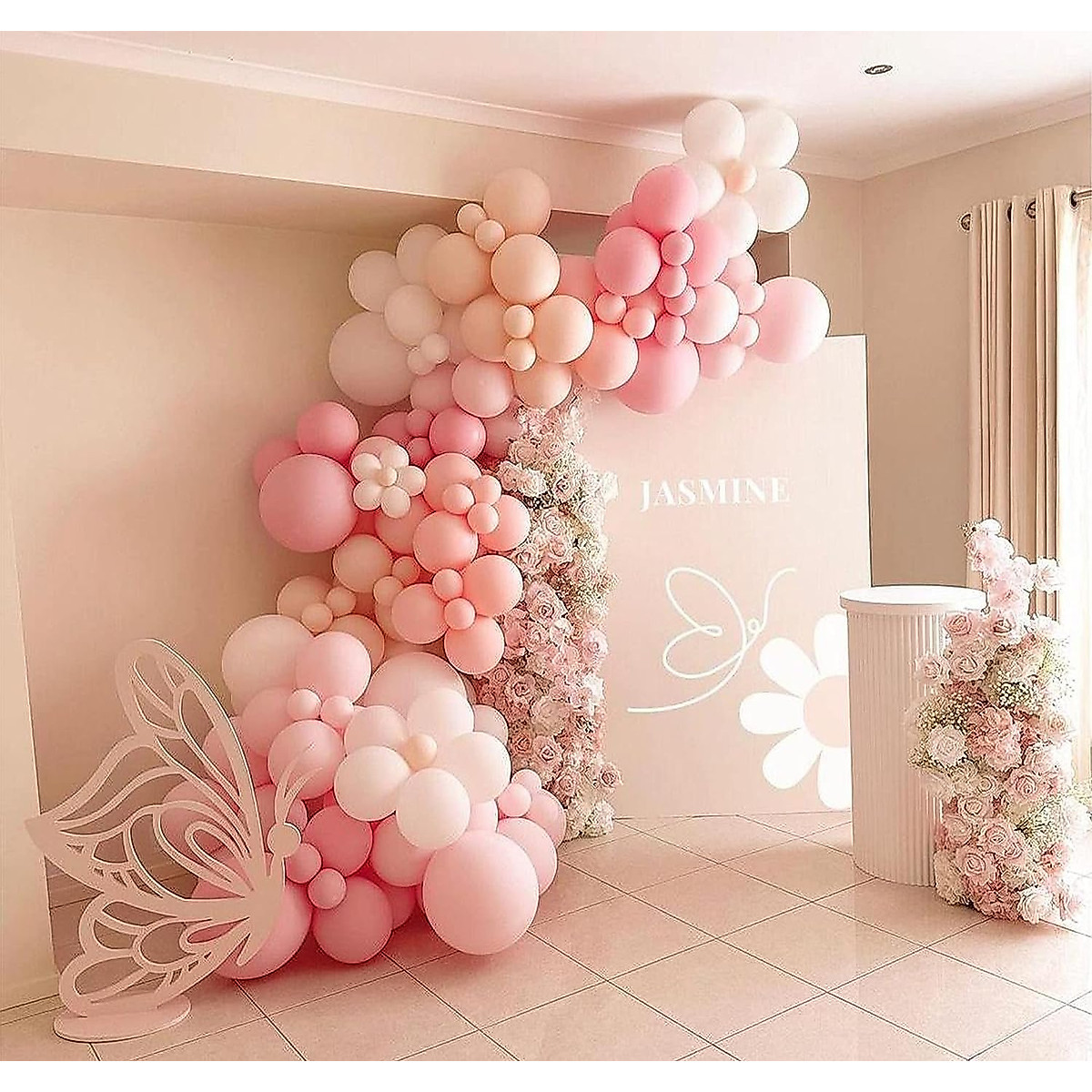 Pink Balloons Garland Arch Kit - Double Stuffed Matte Light Pink and White Cream Peach Latex Balloon Different Sizes 18 12 10 5In Boho Ballon for Baby Shower Party Decorations