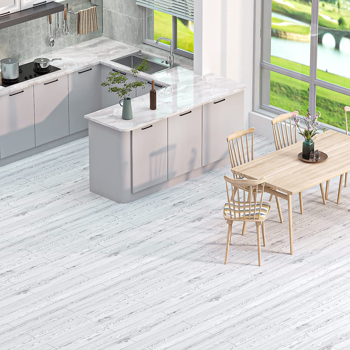 Oxdigi Peel and Stick Vinyl Flooring Roll 23"x 393"/64 Sq.Ft, Thicken Self Adhesive Vinyl Floor Tiles Wood Plank Flooring Waterproof Wear-resistant for any Room, Easy DIY Floor Coverings, White-Washed