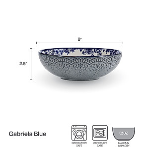 Pfaltzgraff Gabriela Blue Floral Set of 2 Pasta Bowls, 8 Inch, Blue and White