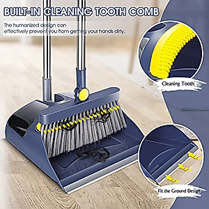 Almcmy Broom and Dustpan Set, Broom with Dustpan Combo Set, 47" Long Handle, Stand Up Dust Pan with Comb Teeth, Standing Dustpan and Broom Set for Sweeping Indoor Lobby Office Kitchen