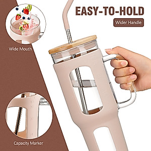 WINSA Glass Tumbler with Lid and Straw, 46 oz Iced Coffee Cup with Handle, Glass Water Bottles with Silicone Sleeve, Glass Cup with Straws - Boba Straw & Drinking Straw BPA Free-Amber