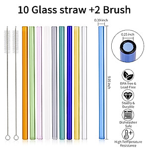 [10 Pcs] Reusable Glass Straws Shatter Resistant - 9" x 10 mm Eco Friendly Multicolor Drinking Reusable Straws With 2 Cleaning Brushes for Coffee,Milkshakes,Juice Drinks