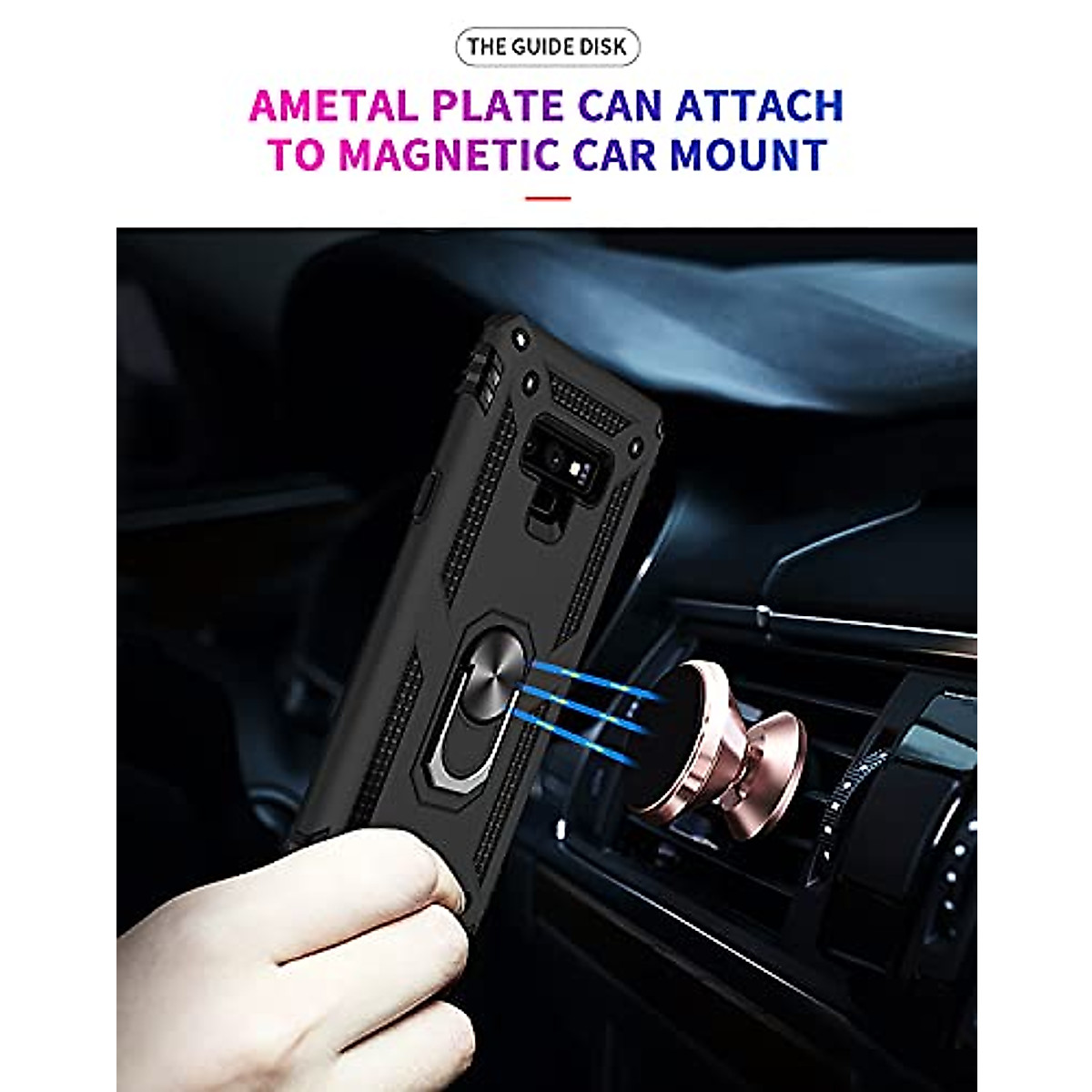 Samsung Note 9 Phone Case, Galaxy Note 9 Case with 3D PET Screen Protector, Androgate Military-Grade Ring Holder Kickstand Car Mount 15ft Drop Tested Shockproof Cover Case for Galaxy Note 9, Black