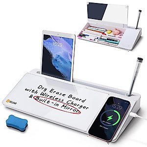 SELEAD Desktop Glass Whiteboard with Wireless Charger Station & Built-in Mirror, Dry Erase Board Computer Pad Keyboard Stand with Organizer for Home, School, Office Desk Accessories, White