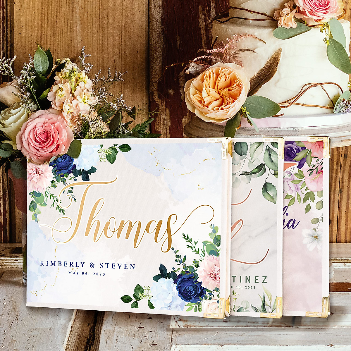 Personalized Wedding Guestbook w/Bride and Groom Name & Text & Date - 8 Floral Design 9"x7" Inches - Customized Hardcover Canvas Guest Book Registry Sign-in Gifts, Custom Large Signing Books Gift C1