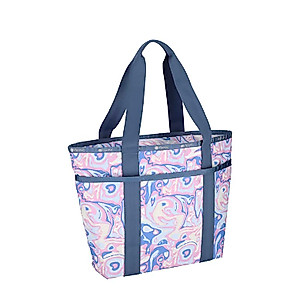 LeSportsac Radiant Reflections Everyday Zip Tote Handbag/Travel Bag, Style 3867/Color E541, Abstract Retro Swirls & Hearts, Soft Pastels: Blue, Pink, Amethyst & Cream, Subtle Iridescent Sheen