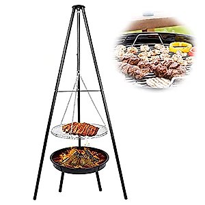 Nofaner 1 Set Tripod Grill Stove, Hanging Tripod Camping Stove Fire Pit Grill Adjustable Campfire Grill Furnace for Camping Garden BBQ, with Barbecue Net and Grill