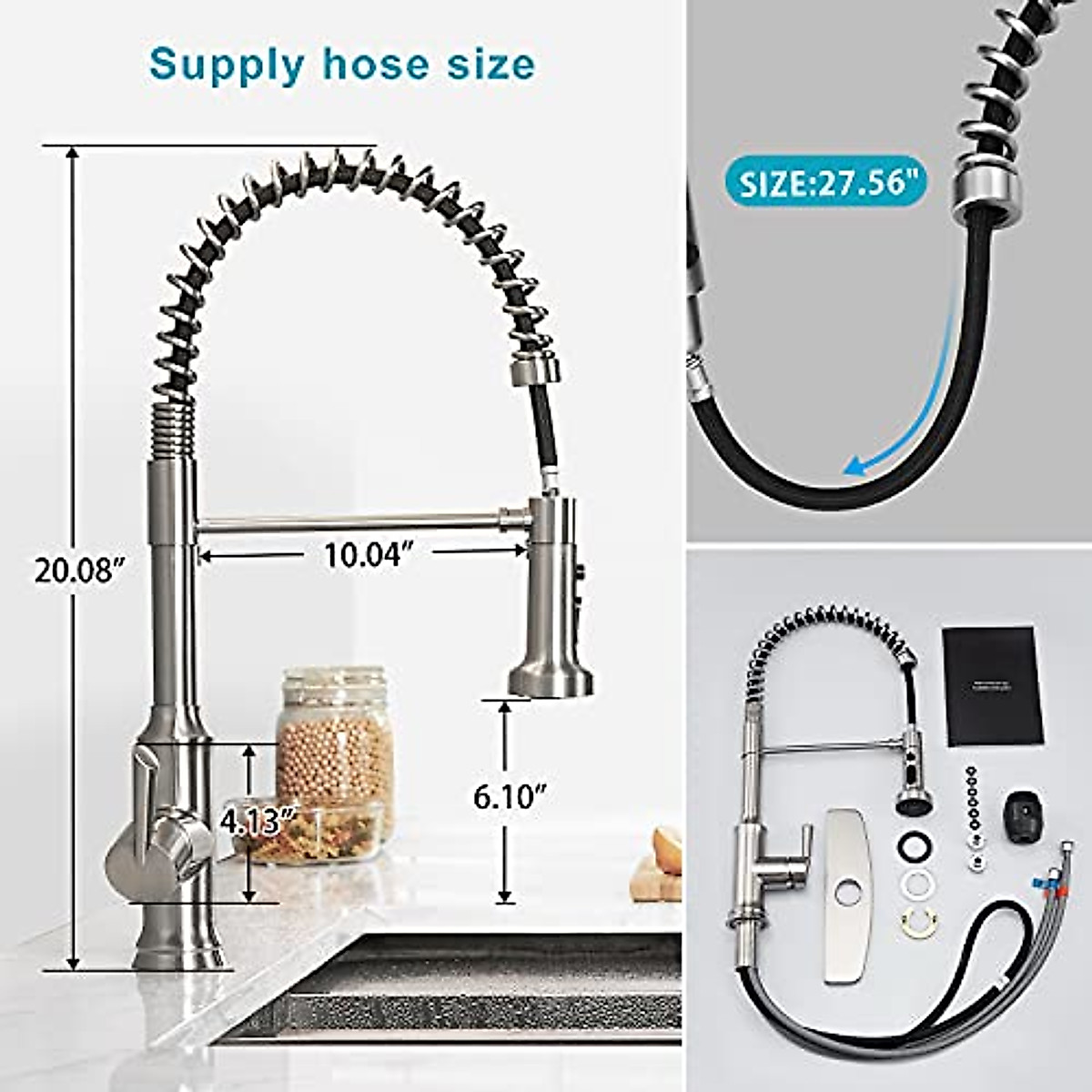Kitchen Faucet with Pull Down Sprayer Spring Brushed Nickel Commercial Single Handle Gooseneck Stainless Steel Pull Out Kitchen Sink Faucet Wasserrhythm