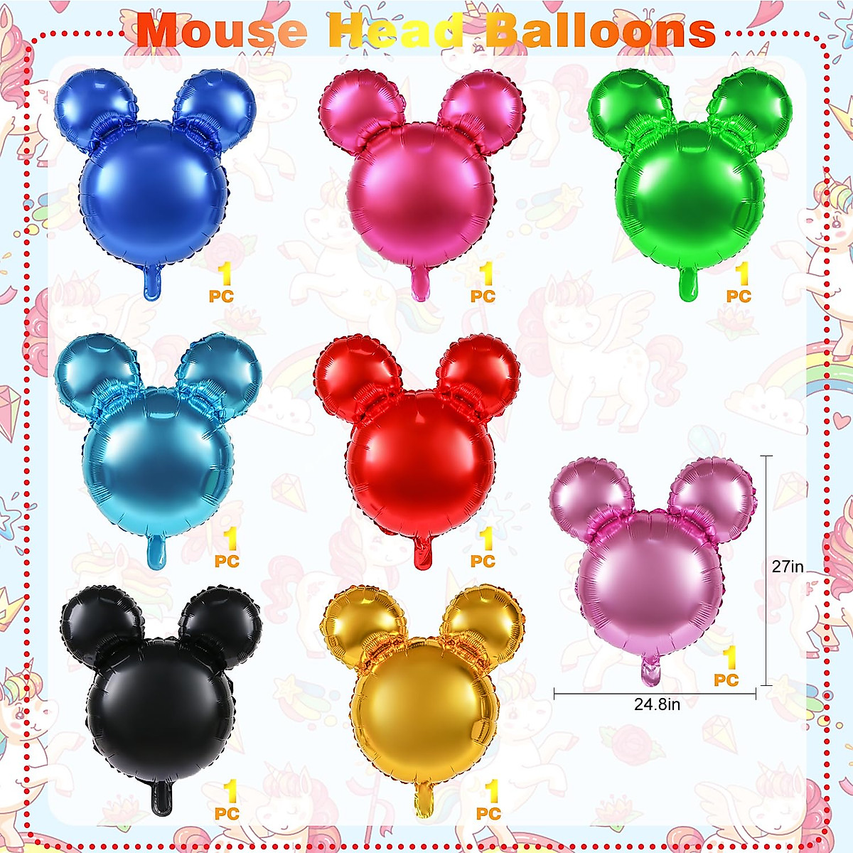 8 Pcs Mouse Head Balloons, CCOZN 24'' Jumbo Mouse Mylar Balloon Cannot Float Mouse Head Aluminum Foil Balloons for Birthday Party Decorations Baby Shower Supplies
