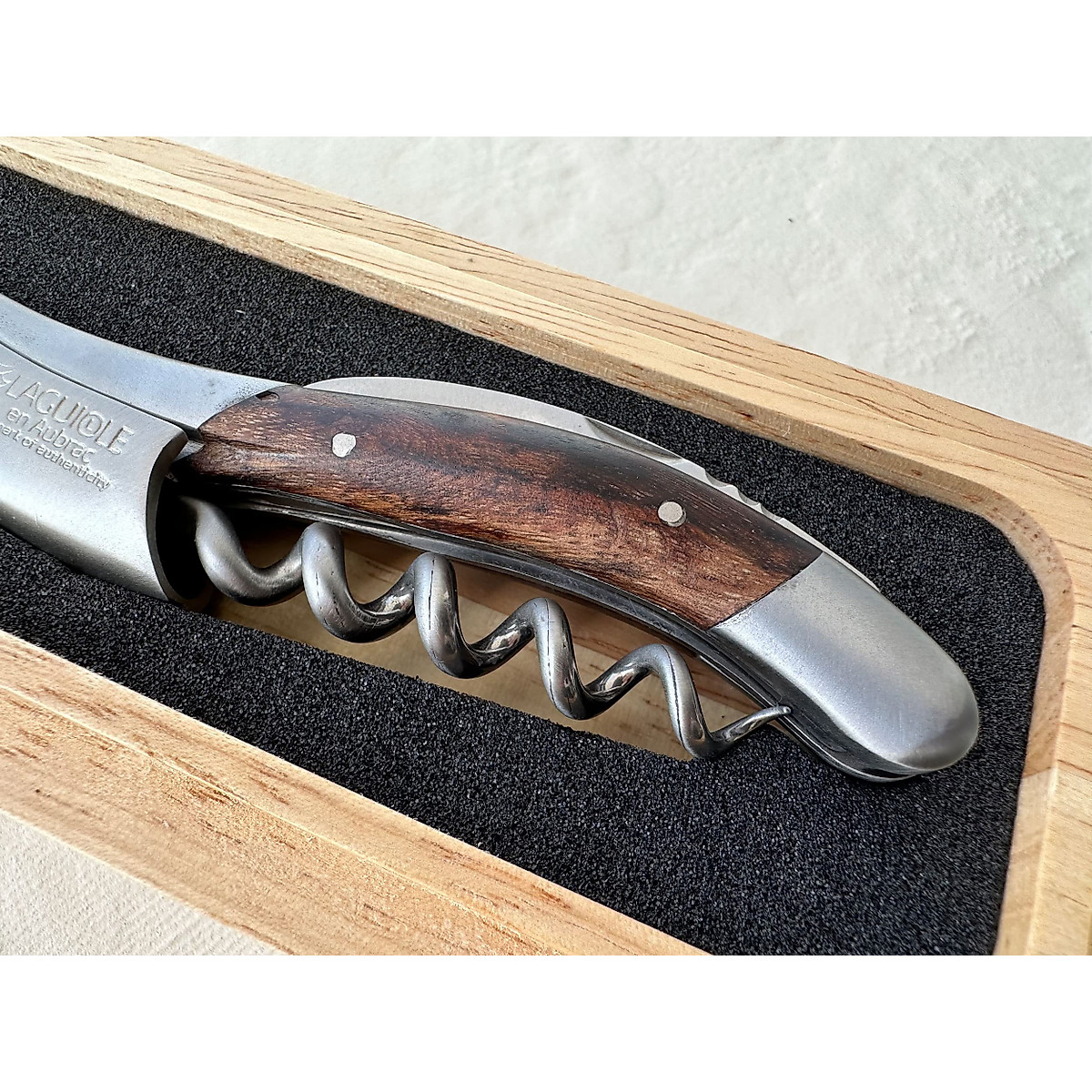 Laguiole En Aubrac Sommelier Waiter's Corkscrew, Grapevine Wood Handle, Wine Opener With Foil Cutter & Bottle Opener, Stainless Steel Brushed Bolsters