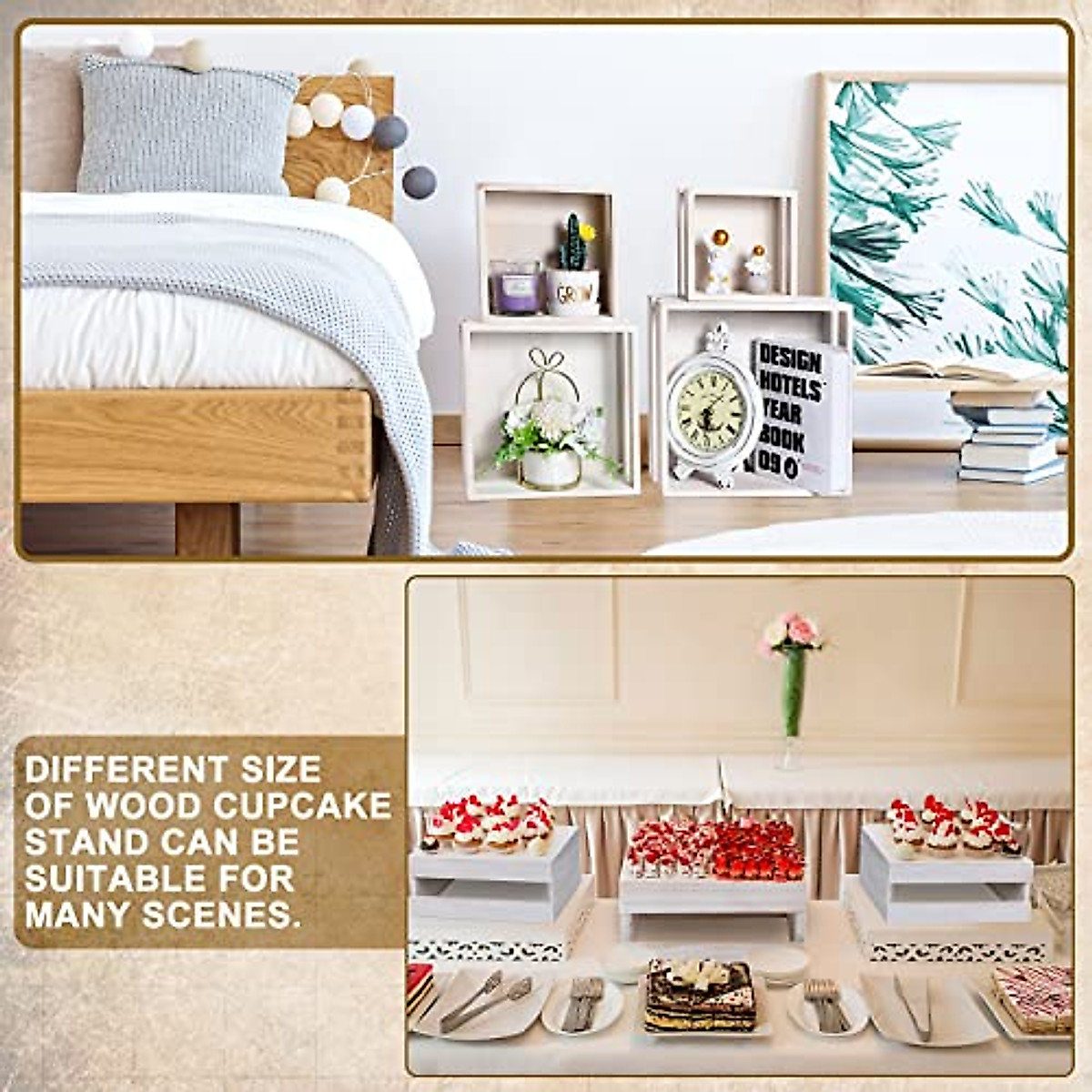 4 Pieces Wood Cupcake Display Stand Whitewashed Decorative Dessert Appetizer Cake Stand Risers Wooden Crate Rustic Cake Stand Wood Risers for Decor Wooden Crate Style Storage Organizer for Party