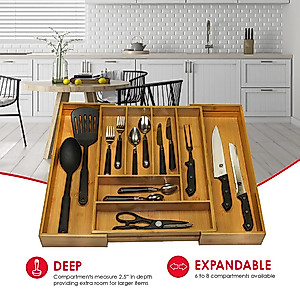 Home Basics Expandable Bamboo Utility Drawer Organizer with 8 Compartments Utensil Cutlery Tray, Adjustable Kitchen Divider for Craft, Sewing, Office, Bathroom, Kitchen