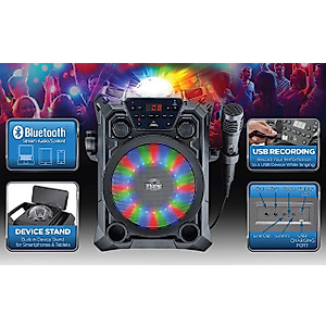 iHome Karaoke Machine with Bluetooth Speaker and Wired Microphone Designed for Kids and Adults, Includes USB Recording Feature and Party Lights