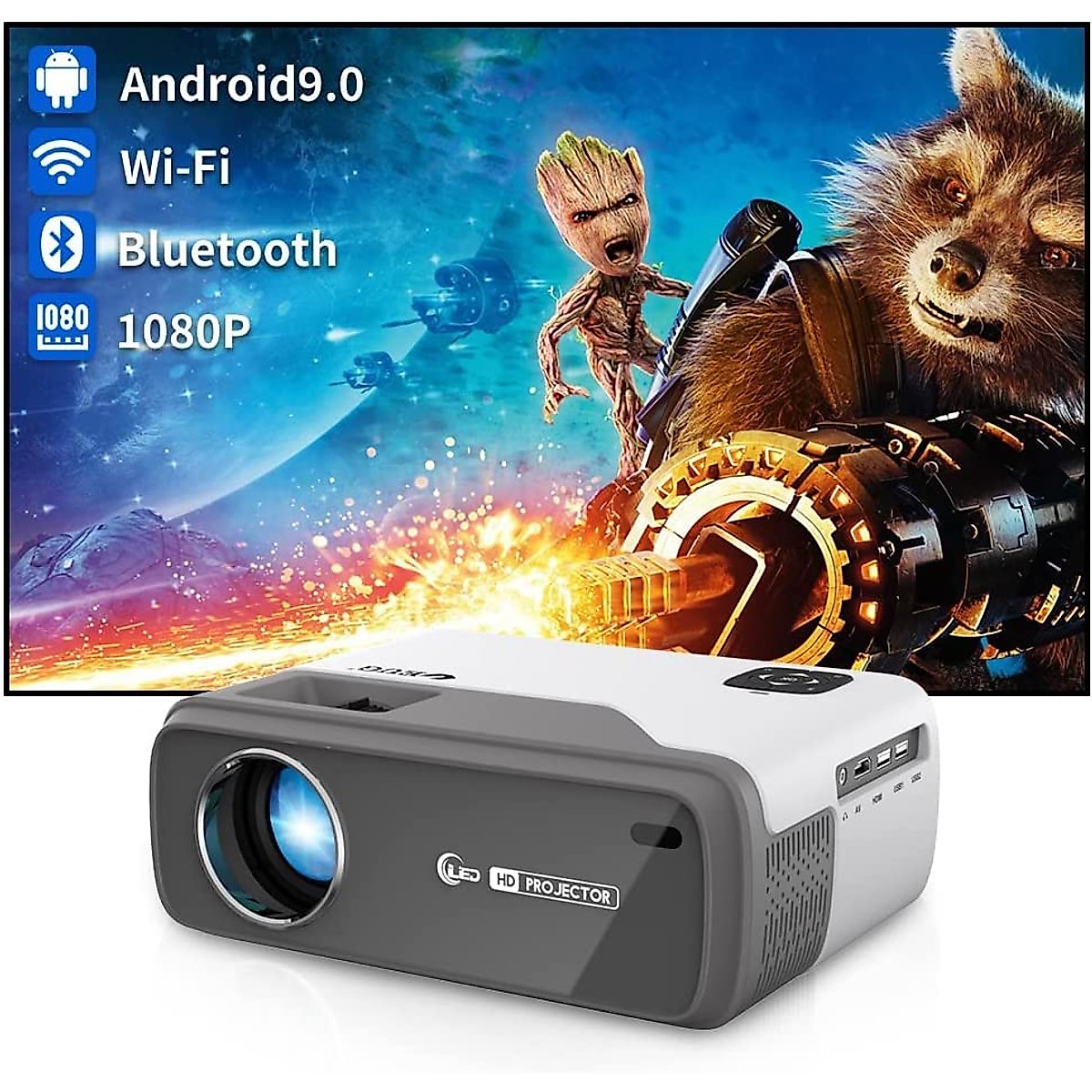HD Smart Wi-Fi Portable Projector Android 5000+ Apps, 7000Lumen LCD Bluetooth Movie Projectors Home Entertainmen,Compatible with HDMI USB VGA Netflix Prime Video Wireless Cast Smartphone Projector