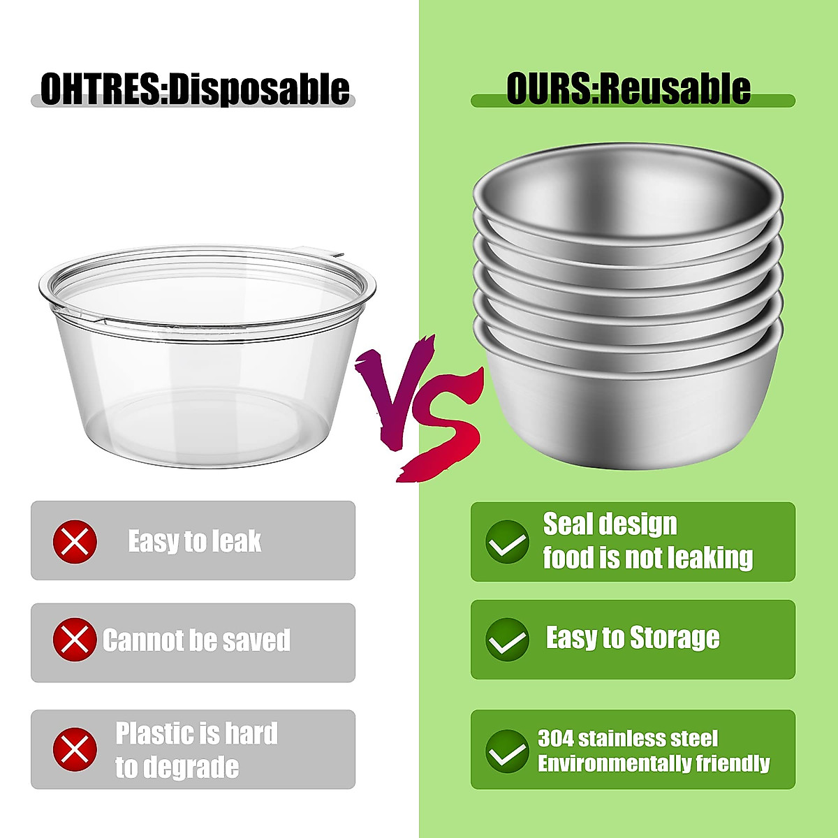 6Pack 1.6oz Small Condiment Containers with Lids, Salad Dressing Container To Go, Reusable Stainless Steel Sauce Containers for Lunch Bento Box, Leakproof Dipping Sauce Cups for Picnic and Travel