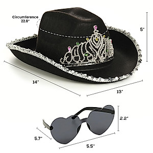 Funcredible Black Cowboy Hat and Glasses - Preppy Cowgirl Hat with Tiara - Sparkly Cowboy Hat - Cowgirl Costume Accessories for Women and Girls