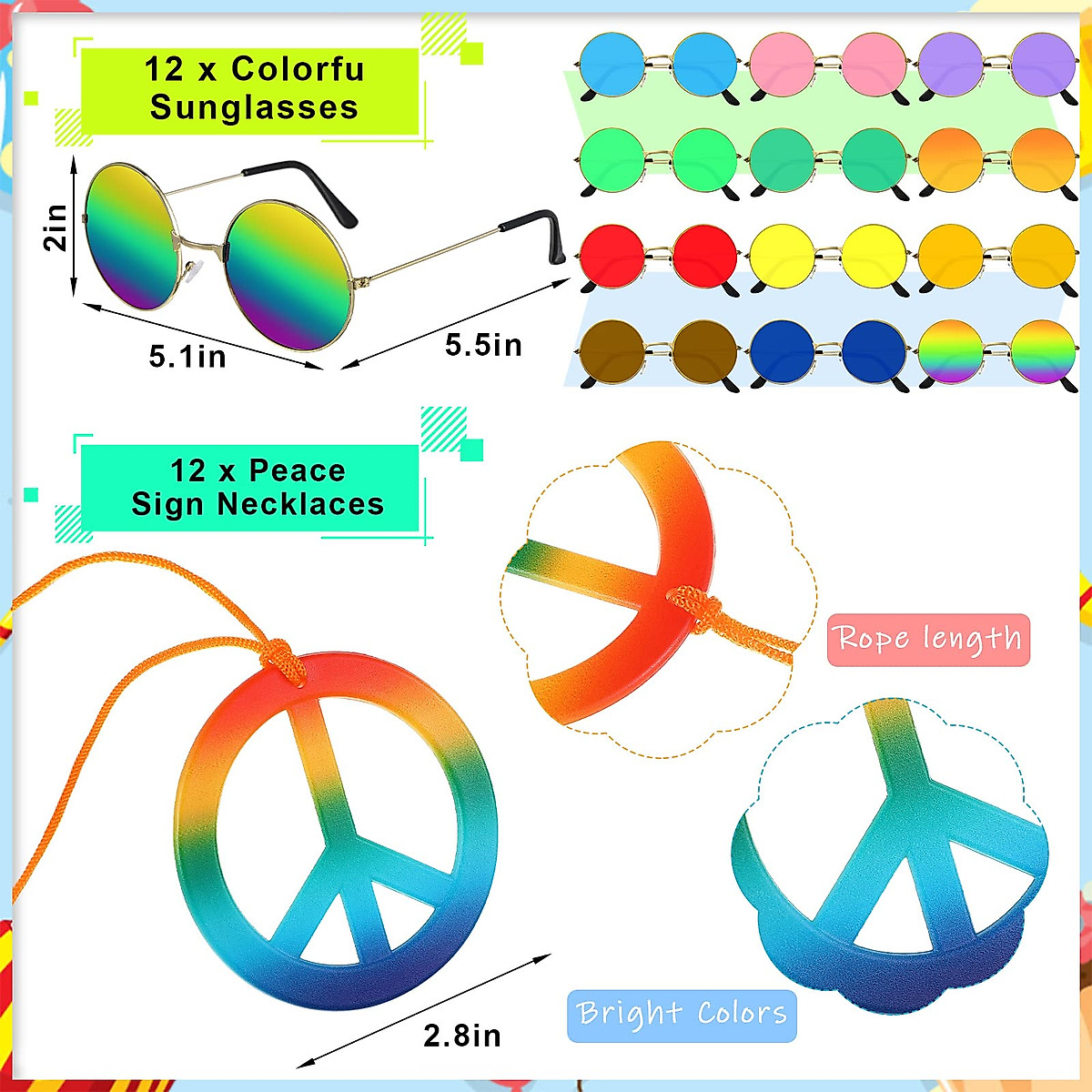 36 Pcs Hippie Costume Set 60s 70s Peace Necklaces Sunflower Headband Hippie Sunglasses Bandana Headband Hippie Dressing Accessories