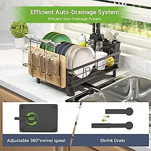 Dish Drying Rack - Stainless Steel Dish Rack for Kitchen Counter, Dish Drainer with Utensil Holder, Space-Saving, Rust-Resistant Dish Rack for Dishes, Glasses, and Cutting Board, 12''W x 15''L, Black