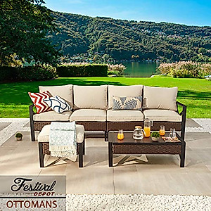 Festival Depot Patio Ottoman Footstool Outdoor Furniture with Wicker Rattan, X Shape Slatted Steel Frame Foot Rest with Premium Fabric Soft Cushion Square for Garden Yard Lawn All-Weather