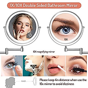Rocollos Rechargeable Wall Mounted Lighted Makeup Mirror Chrome, 8 Inch Double-Sided LED Vanity Mirror 1X/10X Magnification,3 Color Lights Touch Screen Dimmable 360°Swivel 13 Inch Extendable