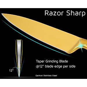 Golden Kitchen Knife Set 5 Piece WELLSTAR, Razor Sharp German Stainless Steel Blade and Ergonomic Handle with Gold Titanium Coated, Chef Carving Bread Utility Paring for Cutting and Peeling - Gift Box